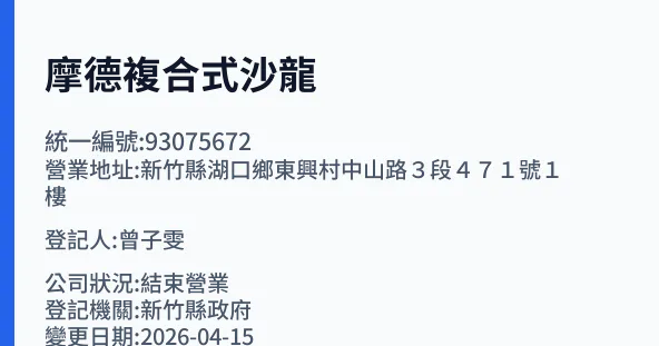 摩德複合式沙龍的照片-統編 93075672(新竹縣) 公司登記資料與營業項目詳細圖表