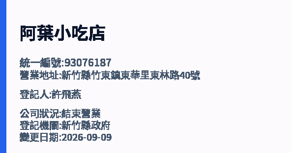 阿葉小吃店的照片-統編 93076187(新竹縣) 公司登記資料與營業項目詳細圖表