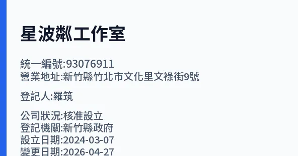 星波粼工作室的照片-統編 93076911(新竹縣) 公司登記資料與營業項目詳細圖表