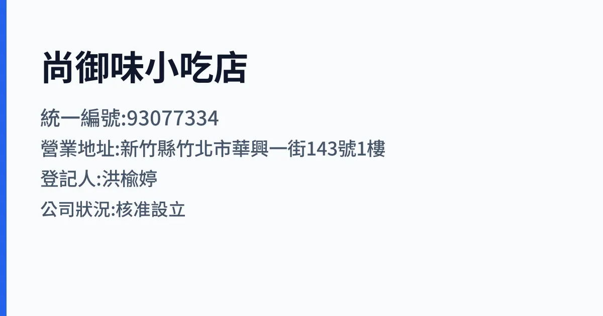 尚御味小吃店 - 統編 93077334(新竹縣) 公司登記資料與營業項目詳細圖表
