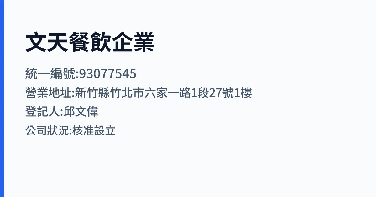 文天餐飲企業 - 統編 93077545(新竹縣) 公司登記資料與營業項目詳細圖表