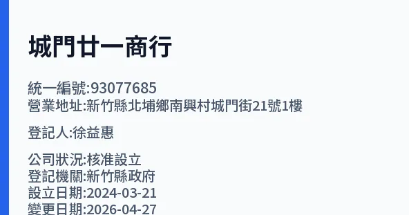城門廿一商行的照片-統編 93077685(新竹縣) 公司登記資料與營業項目詳細圖表