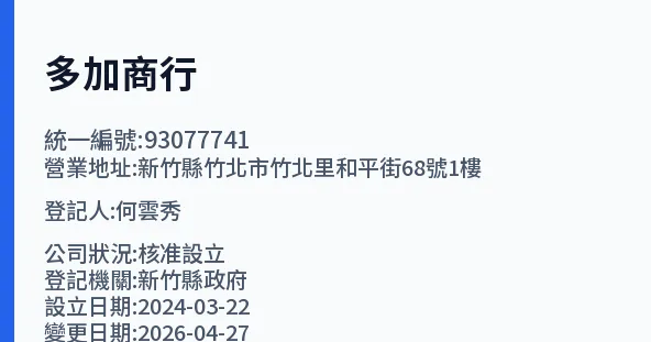 多加商行的照片-統編 93077741(新竹縣) 公司登記資料與營業項目詳細圖表