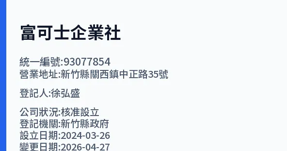 富可士企業社的照片-統編 93077854(新竹縣) 公司登記資料與營業項目詳細圖表