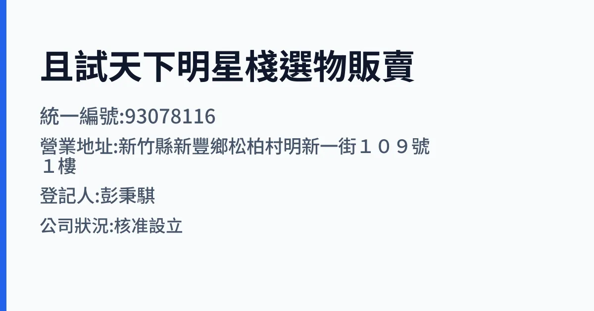 且試天下明星棧選物販賣 - 統編 93078116(新竹縣) 公司登記資料與營業項目詳細圖表