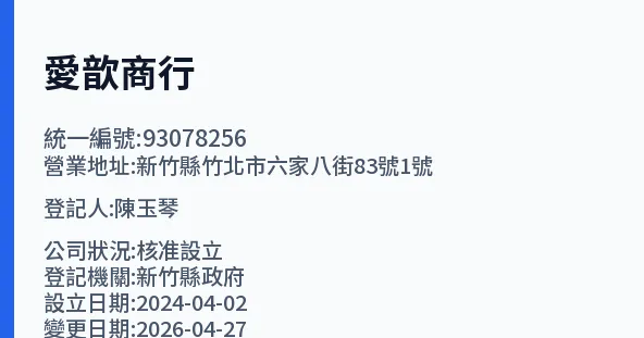 愛歆商行的照片-統編 93078256(新竹縣) 公司登記資料與營業項目詳細圖表