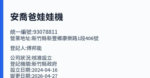 安喬爸娃娃機的照片-統編 93078811(新竹縣) 公司登記資料與營業項目詳細圖表