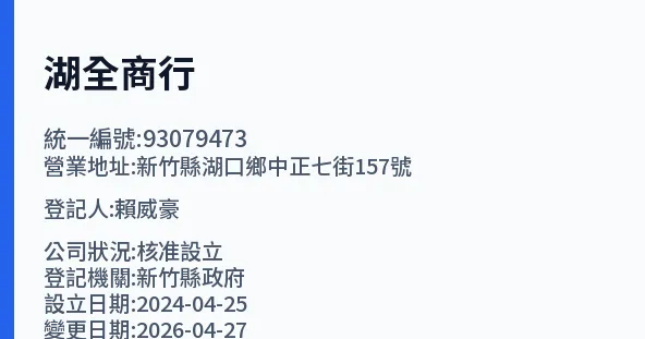 湖全商行的照片-統編 93079473(新竹縣) 公司登記資料與營業項目詳細圖表