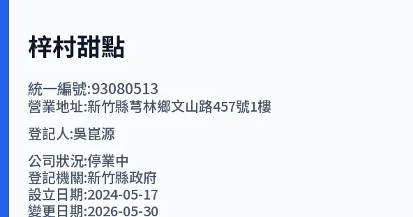 梓村甜點的照片-統編 93080513(新竹縣) 公司登記資料與營業項目詳細圖表