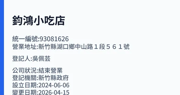 鈞鴻小吃店的照片-統編 93081626(新竹縣) 公司登記資料與營業項目詳細圖表