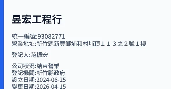 昱宏工程行的照片-統編 93082771(新竹縣) 公司登記資料與營業項目詳細圖表