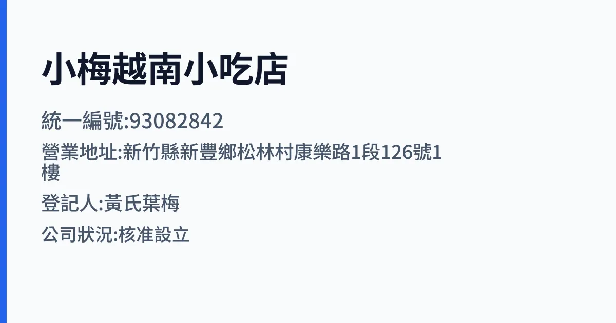 小梅越南小吃店 - 統編 93082842(新竹縣) 公司登記資料與營業項目詳細圖表