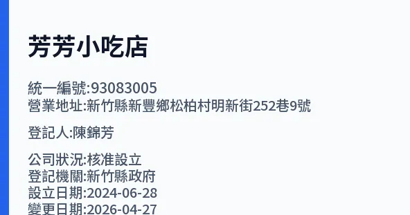 芳芳小吃店的照片-統編 93083005(新竹縣) 公司登記資料與營業項目詳細圖表