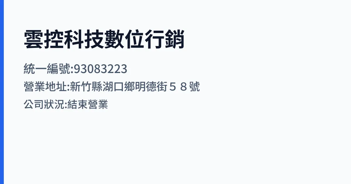 雲控科技數位行銷 - 統編 93083223(新竹縣) 公司登記資料與營業項目詳細圖表