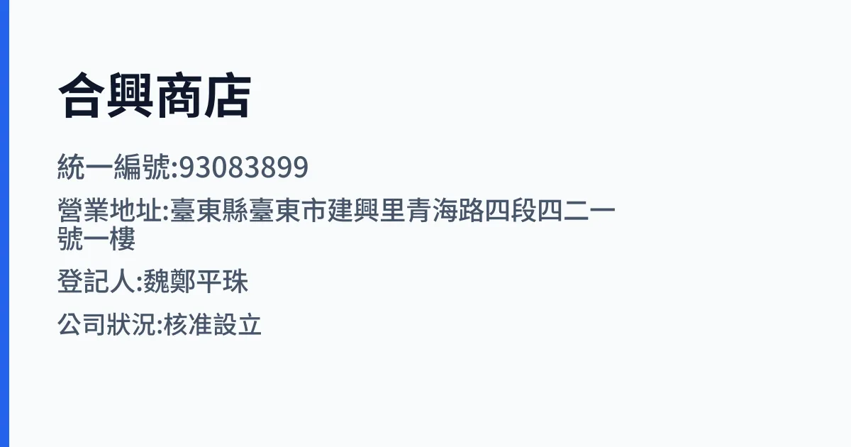 合興商店 - 統編 93083899(臺東縣) 公司登記資料與營業項目詳細圖表