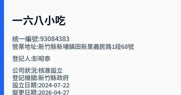 一六八小吃的照片-統編 93084383(新竹縣) 公司登記資料與營業項目詳細圖表