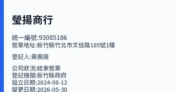 瑩揚商行的照片-統編 93085186(新竹縣) 公司登記資料與營業項目詳細圖表