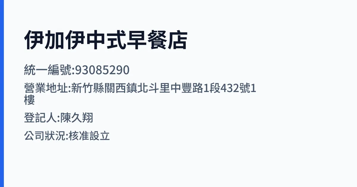伊加伊中式早餐店 - 統編 93085290（新竹縣） 公司登記資料與營業項目詳細圖表