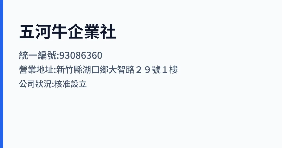 五河牛企業社 - 統編 93086360(新竹縣) 公司登記資料與營業項目詳細圖表