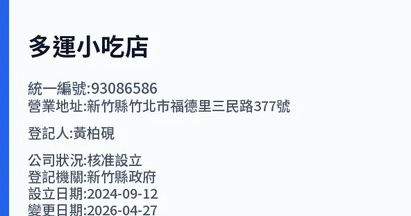 多運小吃店的照片-統編 93086586(新竹縣) 公司登記資料與營業項目詳細圖表