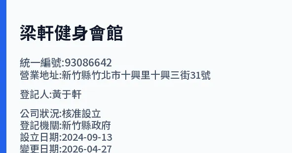 梁軒健身會館的照片-統編 93086642(新竹縣) 公司登記資料與營業項目詳細圖表