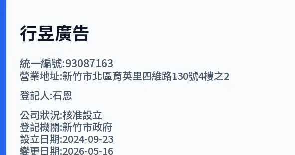 行昱廣告的照片-統編 93087163(新竹市) 公司登記資料與營業項目詳細圖表