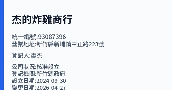 杰的炸雞商行的照片-統編 93087396(新竹縣) 公司登記資料與營業項目詳細圖表