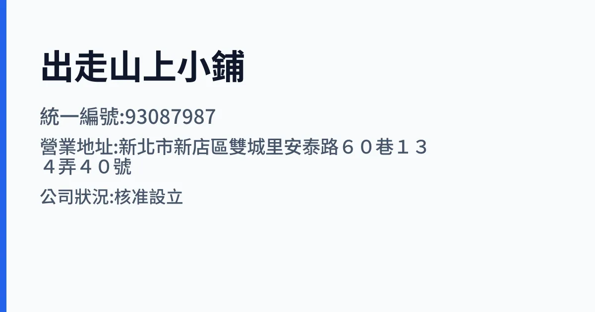 出走山上小鋪 - 統編 93087987（新北市） 公司登記資料與營業項目詳細圖表