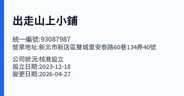 出走山上小鋪的照片-統編 93087987(新北市) 公司登記資料與營業項目詳細圖表