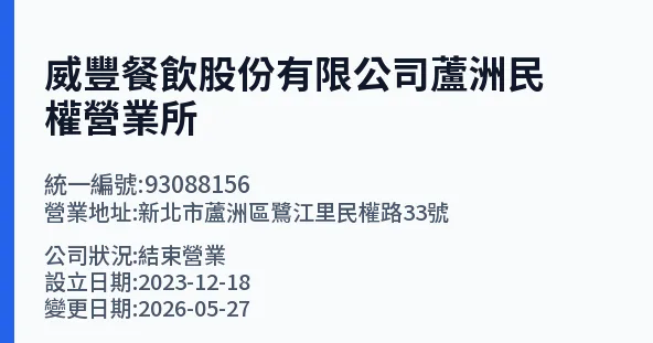威豐餐飲股份有限公司蘆洲民權營業所的照片-統編 93088156(新北市) 公司登記資料與營業項目詳細圖表
