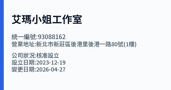 艾瑪小姐工作室的照片-統編 93088162(新北市) 公司登記資料與營業項目詳細圖表