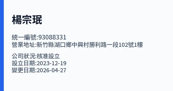 楊宗珉的照片-統編 93088331(新竹縣) 公司登記資料與營業項目詳細圖表