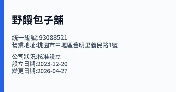野饅包子舖的照片-統編 93088521(桃園市) 公司登記資料與營業項目詳細圖表