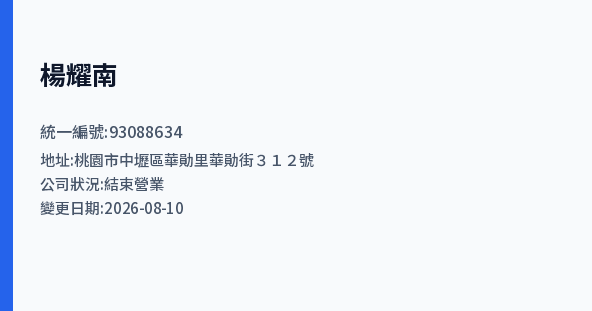 楊耀南的照片-統編 93088634(桃園市) 公司登記資料與營業項目詳細圖表