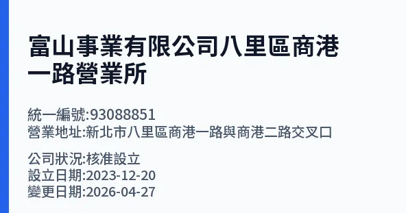 富山事業有限公司八里區商港一路營業所的照片-統編 93088851(新北市) 公司登記資料與營業項目詳細圖表