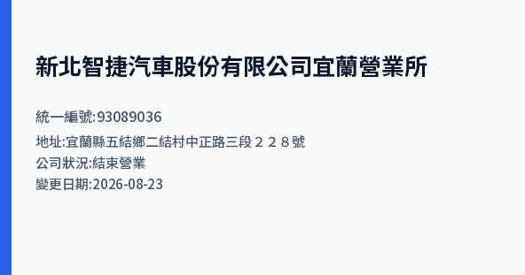 新北智捷汽車股份有限公司宜蘭營業所的照片-統編 93089036(宜蘭縣) 公司登記資料與營業項目詳細圖表