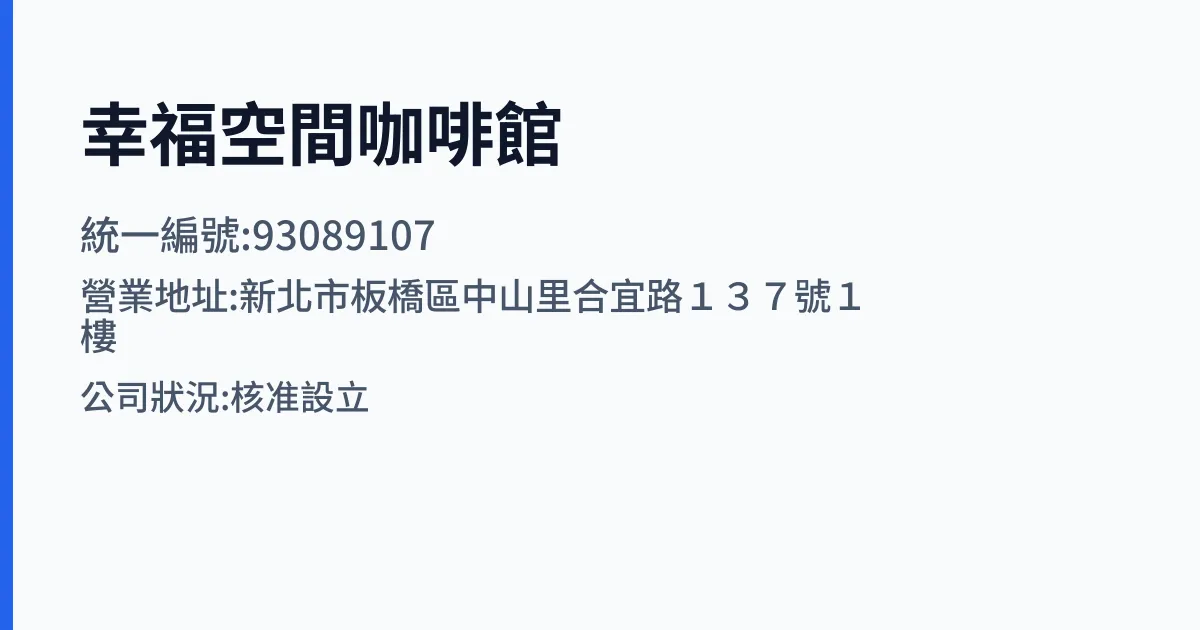 幸福空間咖啡館 - 統編 93089107(新北市) 公司登記資料與營業項目詳細圖表