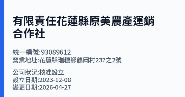 有限責任花蓮縣原美農產運銷合作社的照片-統編 93089612(花蓮縣) 公司登記資料與營業項目詳細圖表
