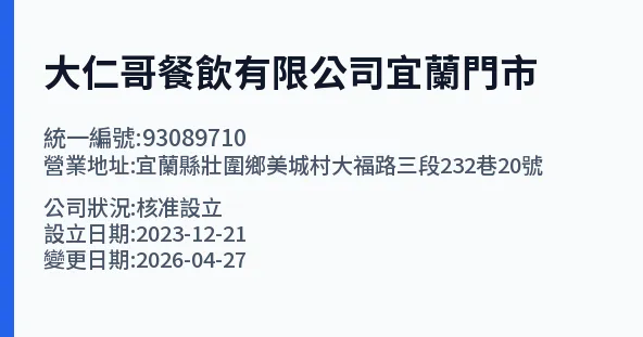 大仁哥餐飲有限公司宜蘭門市的照片-統編 93089710(宜蘭縣) 公司登記資料與營業項目詳細圖表