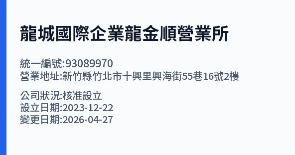 龍城國際企業龍金順營業所的照片-統編 93089970(新竹縣) 公司登記資料與營業項目詳細圖表