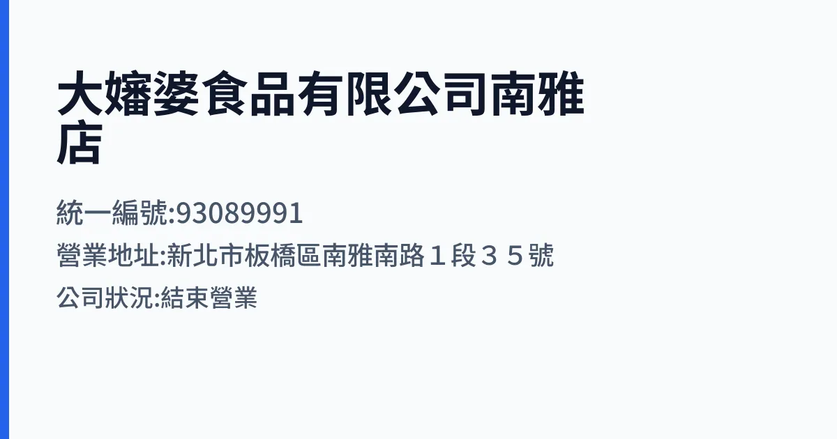 大嬸婆食品有限公司南雅店 - 統編 93089991(新北市) 公司登記資料與營業項目詳細圖表
