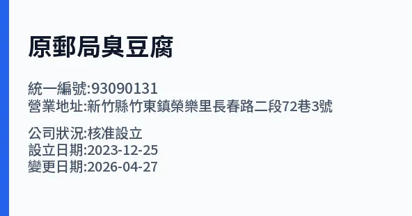 原郵局臭豆腐的照片-統編 93090131(新竹縣) 公司登記資料與營業項目詳細圖表