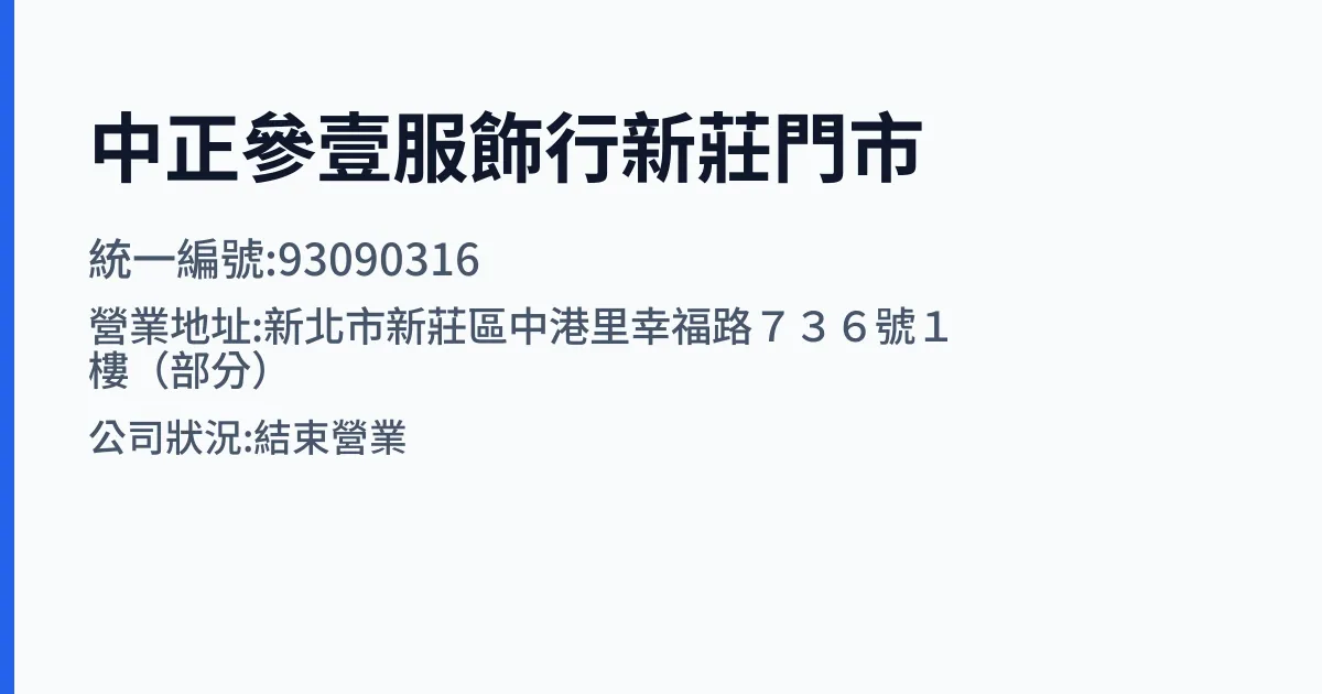 中正參壹服飾行新莊門市 - 統編 93090316(新北市) 公司登記資料與營業項目詳細圖表