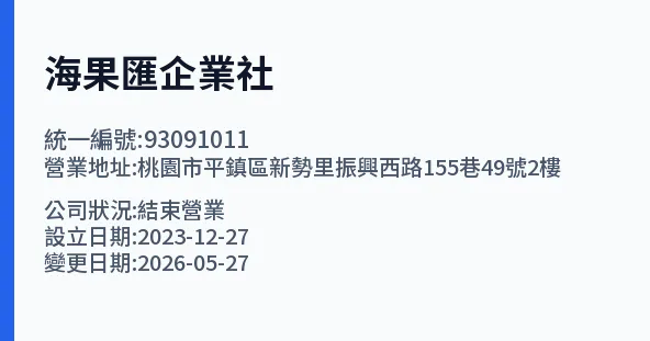 海果匯企業社的照片-統編 93091011(桃園市) 公司登記資料與營業項目詳細圖表