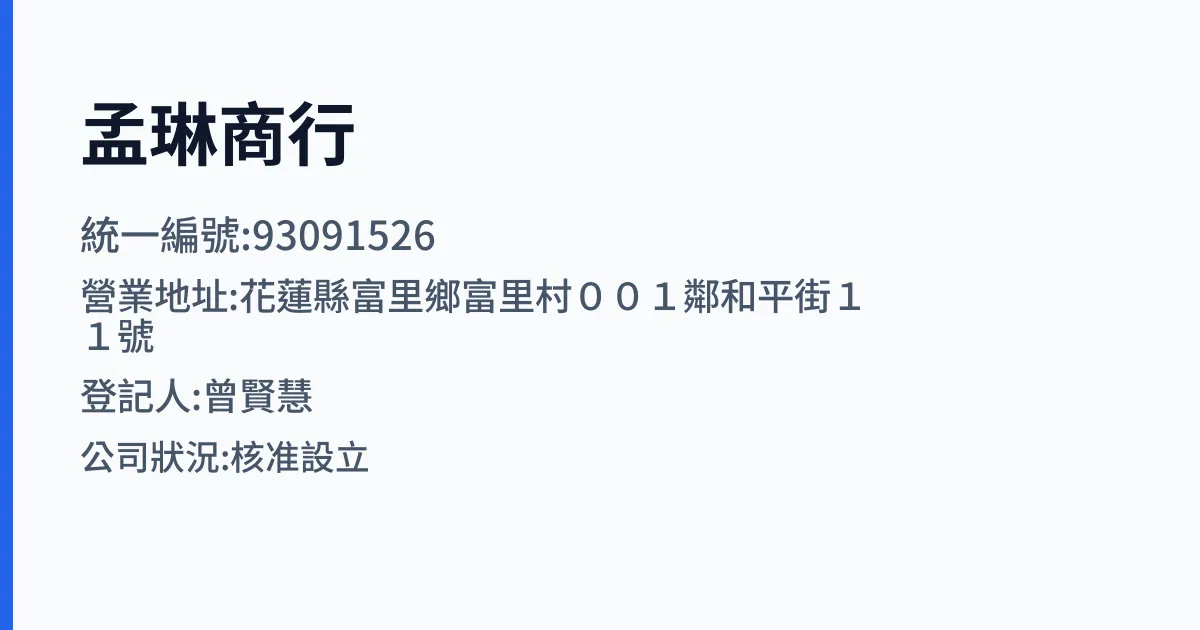 孟琳商行 - 統編 93091526(花蓮縣) 公司登記資料與營業項目詳細圖表