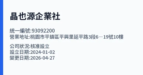 晶也源企業社的照片-統編 93092200(桃園市) 公司登記資料與營業項目詳細圖表