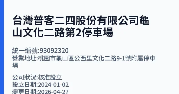 台灣普客二四股份有限公司龜山文化二路第2停車場的照片-統編 93092320(桃園市) 公司登記資料與營業項目詳細圖表