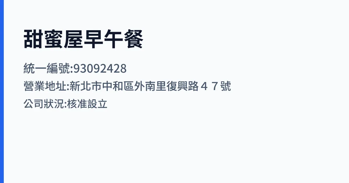 甜蜜屋早午餐 - 統編 93092428(新北市) 公司登記資料與營業項目詳細圖表