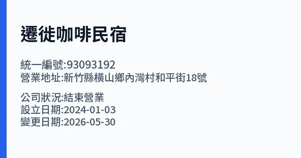 遷徙咖啡民宿的照片-統編 93093192(新竹縣) 公司登記資料與營業項目詳細圖表