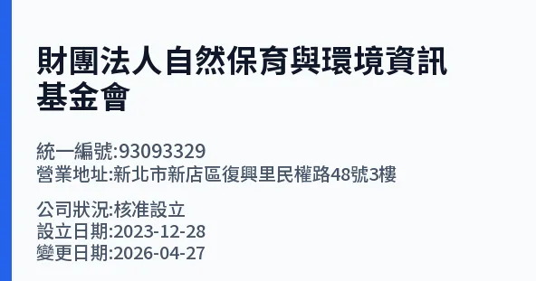 財團法人自然保育與環境資訊基金會的照片-統編 93093329(新北市) 公司登記資料與營業項目詳細圖表